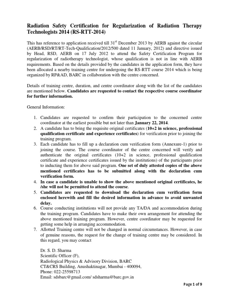 Radiation Safety Certification For Regularization of Radiation Therapy ...