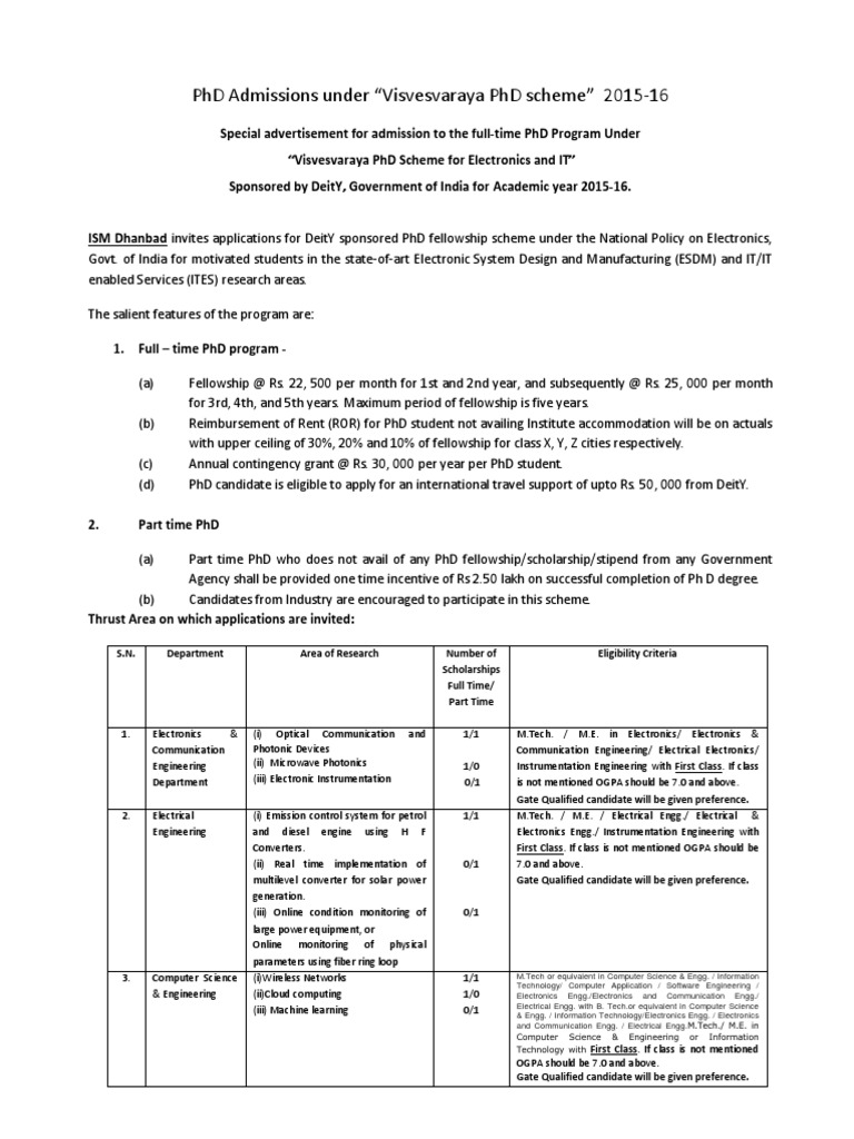 PHD Admissions Under "Visvesvaraya PHD Scheme" 2015-16 | PDF | Doctor Of Philosophy | Engineering