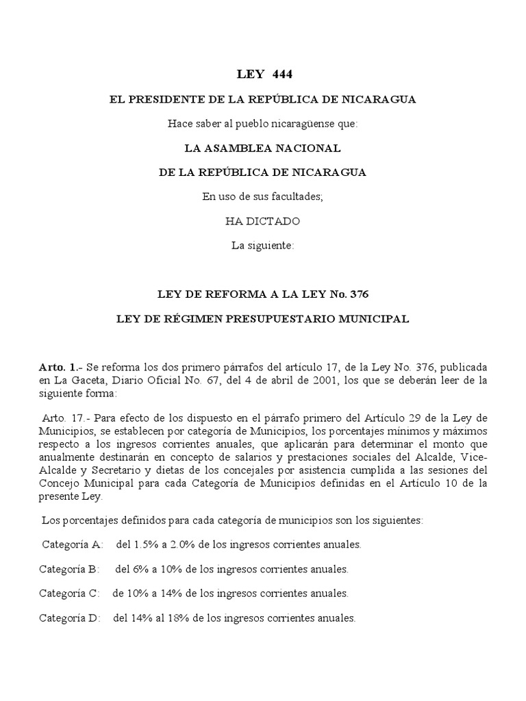 Ley No. 444 Reforma A La Ley 376 Del Regimen Presup. Municipal | PDF ...