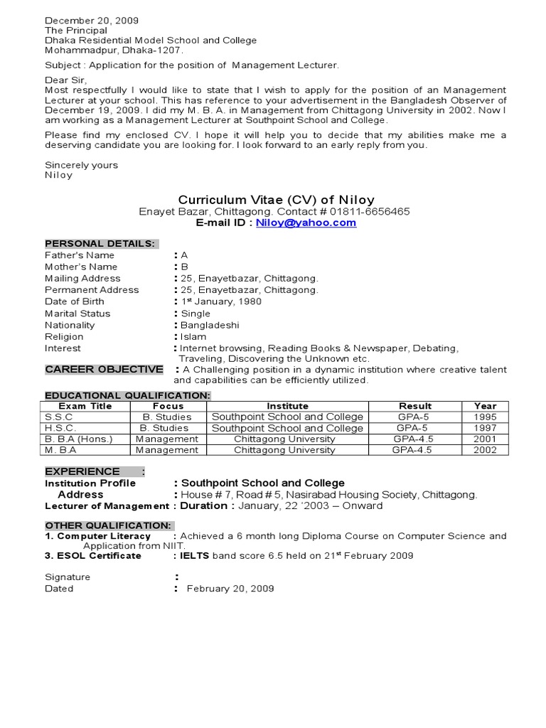 Curriculum Vitae (CV) of Niloy: Enayet Bazar, Chittagong. Contact # 01811-6656465 | PDF ...