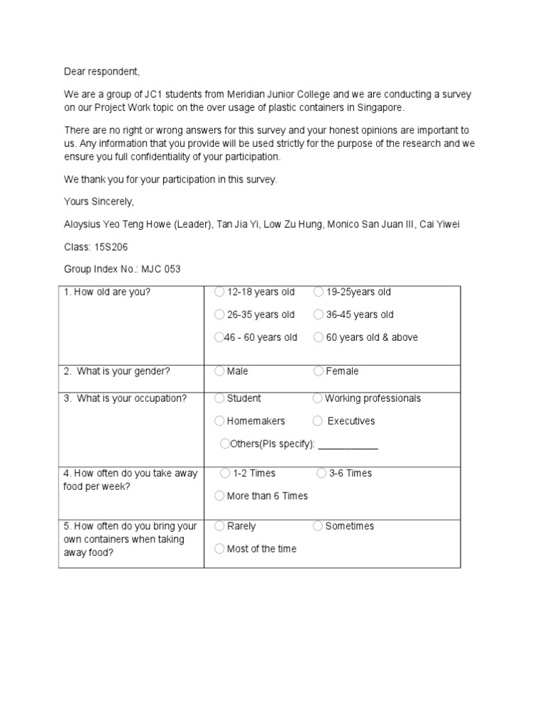 Survey Questionnaire (Use of Plastic Containers) | PDF | Survey ...