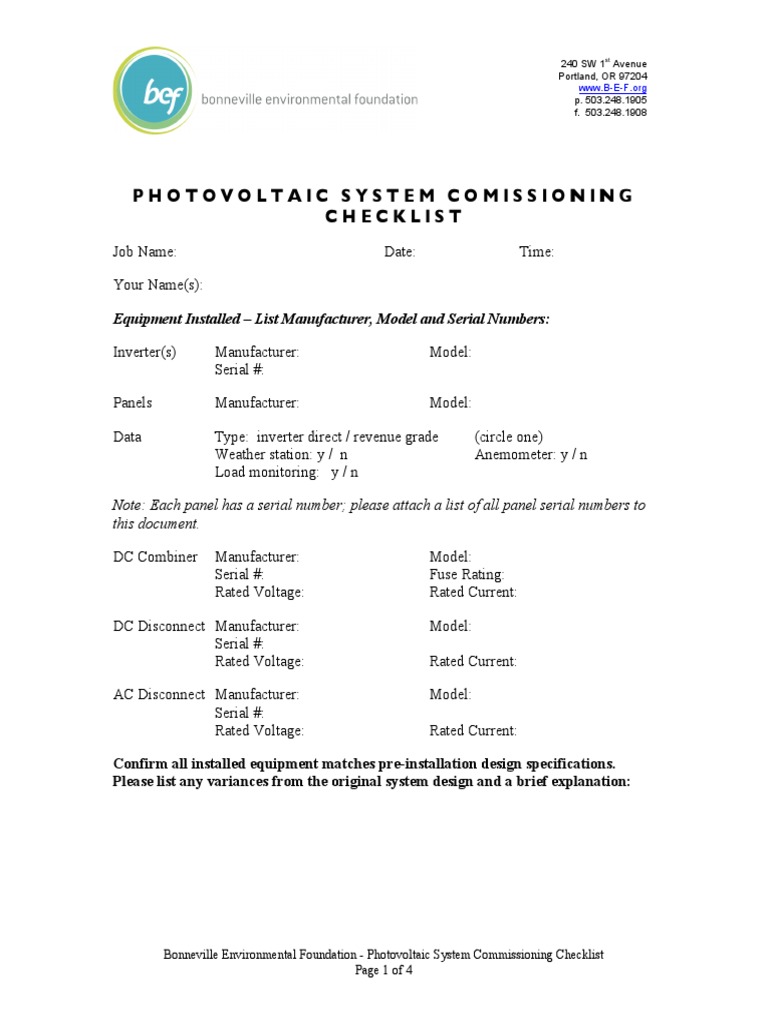 BEF PV Commissioning Checklist | PDF | Electrical Wiring | Power Inverter