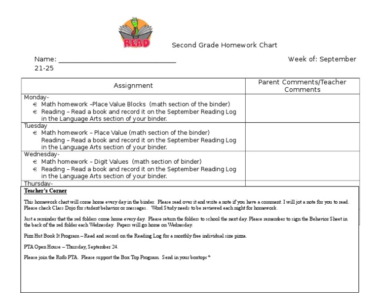 Second Grade Weekly Homework Chart | PDF