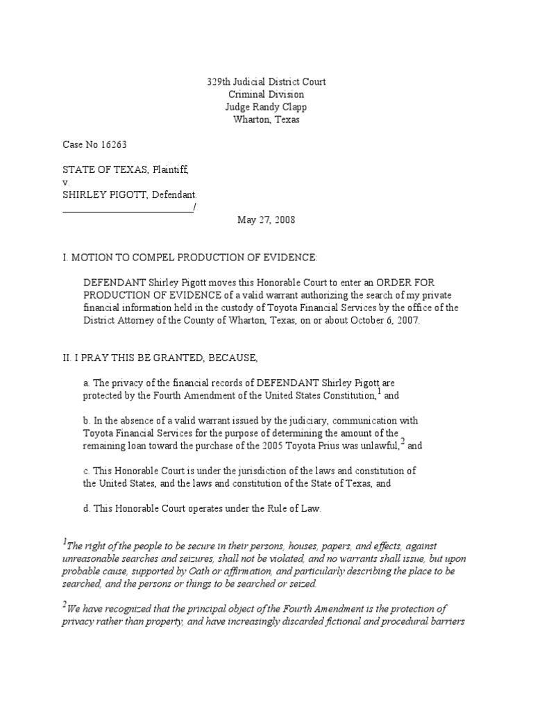 Motion to Compel Evidence in Pigott Case | PDF | Search And Seizure ...