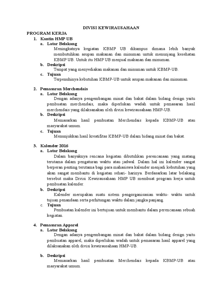 Program Kerja Divisi Kewirausahaan | PDF