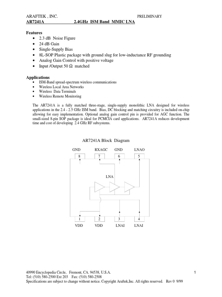 AR7241A 2.4Ghz Ism Band Mmic Lna Features: Araftek, Inc | PDF | Printed Circuit Board ...