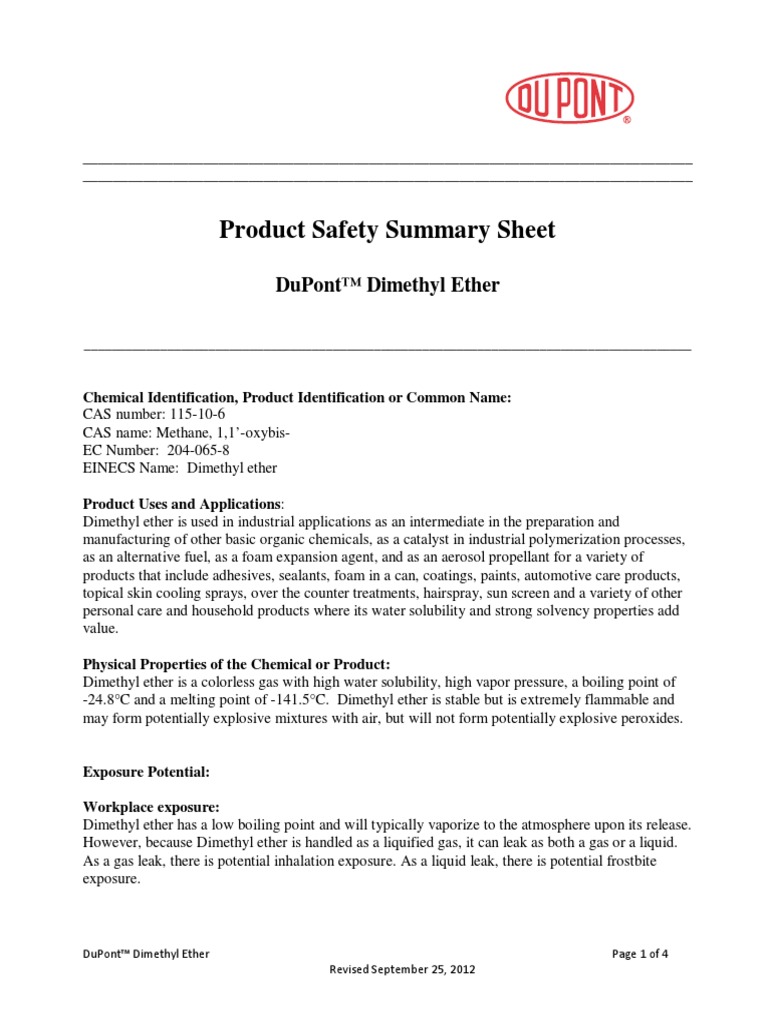 Dimethyl Ether Product Safety Summary PDF | PDF | Toxicity | Hypothermia