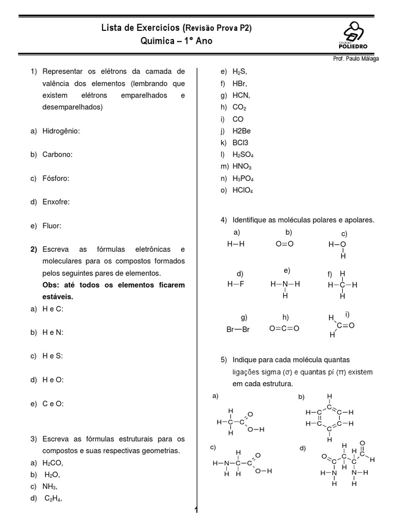 Lista De Exercícios Ligações Químicas Revisão P2 Junho 2015