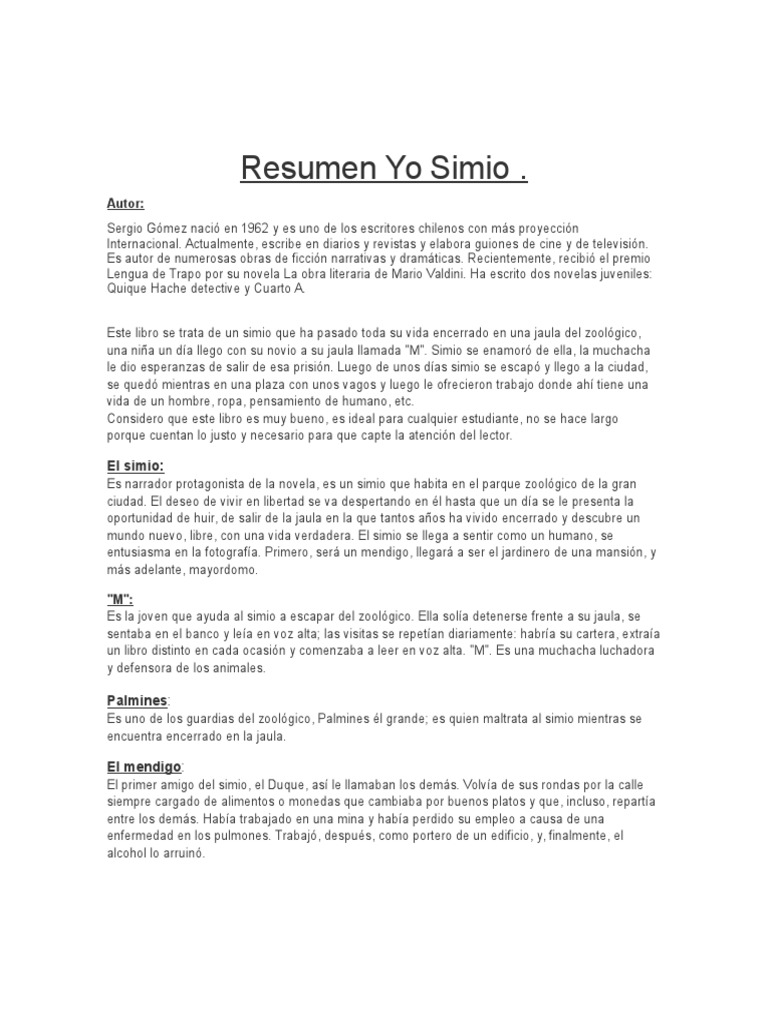 Resumen Yo Simio | Homo Sapiens | Novelas