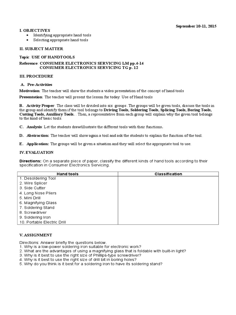 I. OBJECTIVES • Identifying appropriate hand tools • Selecting ...