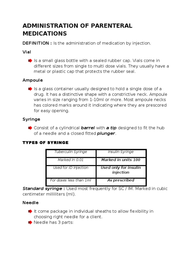 Administration of Parenteral Medications | PDF | Syringe | Injection ...
