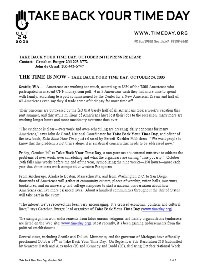Americans Overworked and Stressed: Take Back Your Time Day Press ...