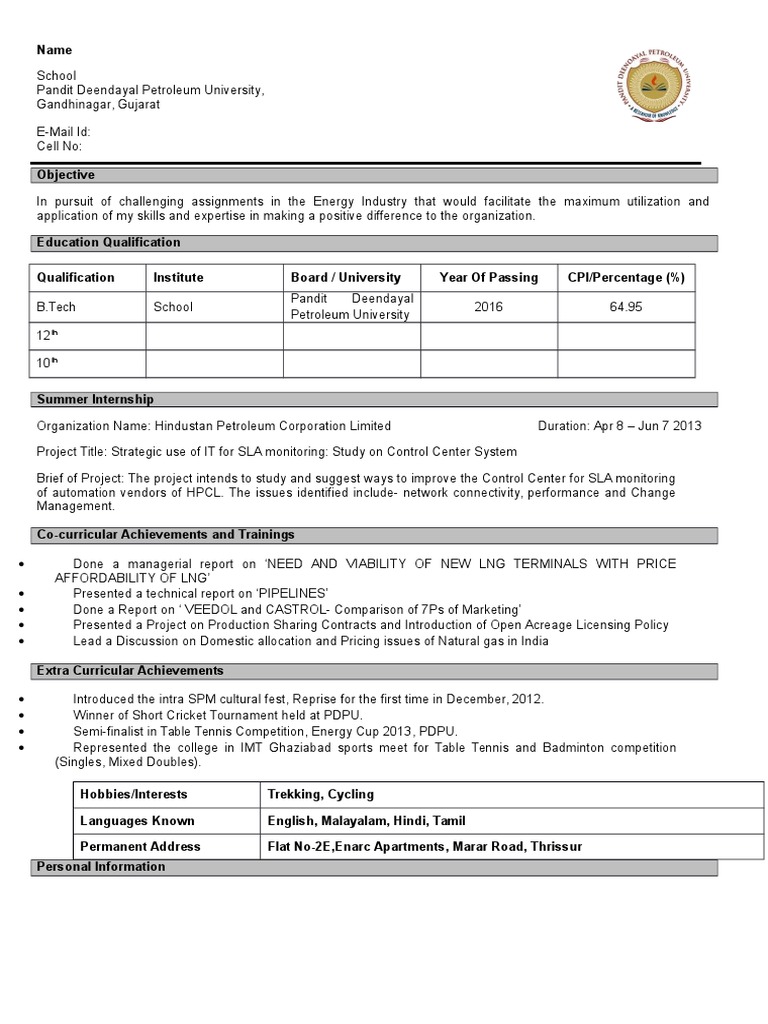 HPCL Resume Format for Freshers | PDF | Technology & Engineering