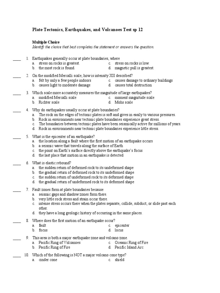 Plate Tectonics and Earthquake Test | PDF