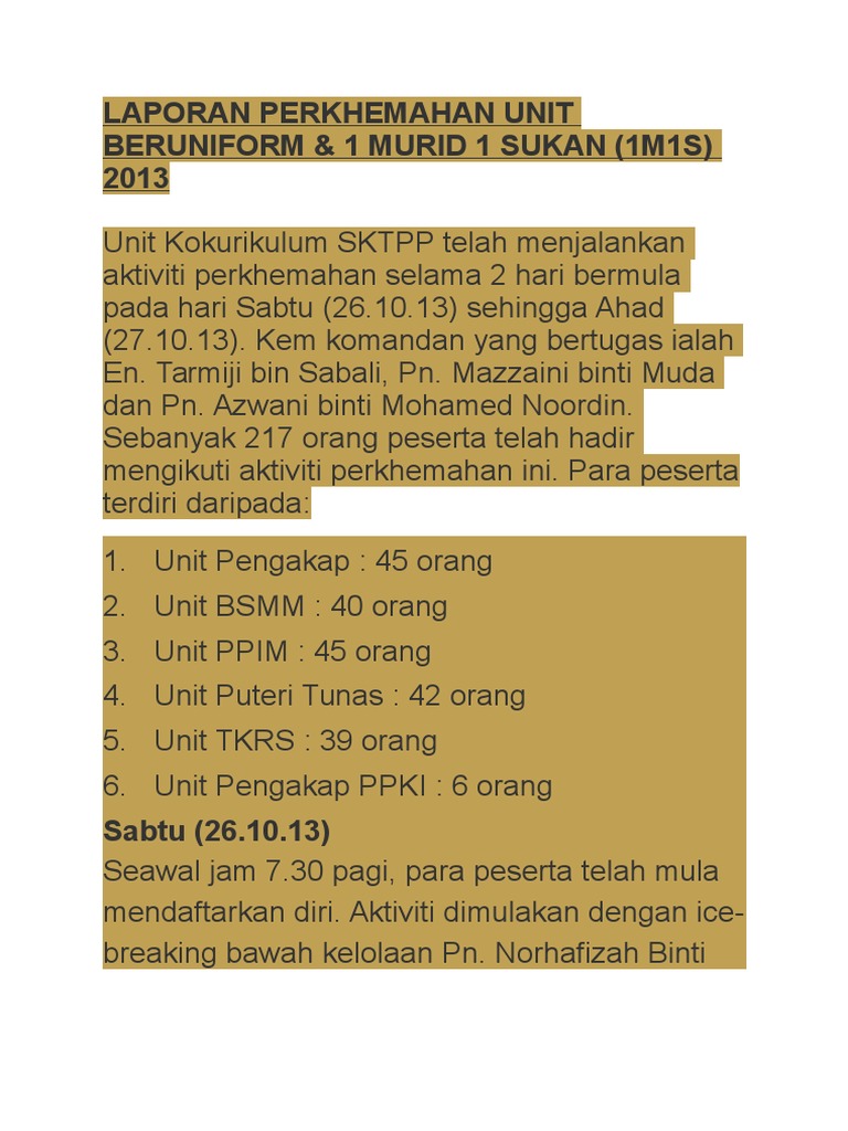 Contoh LAPORAN PERKHEMAHAN UNIT BERUNIFORM | PDF