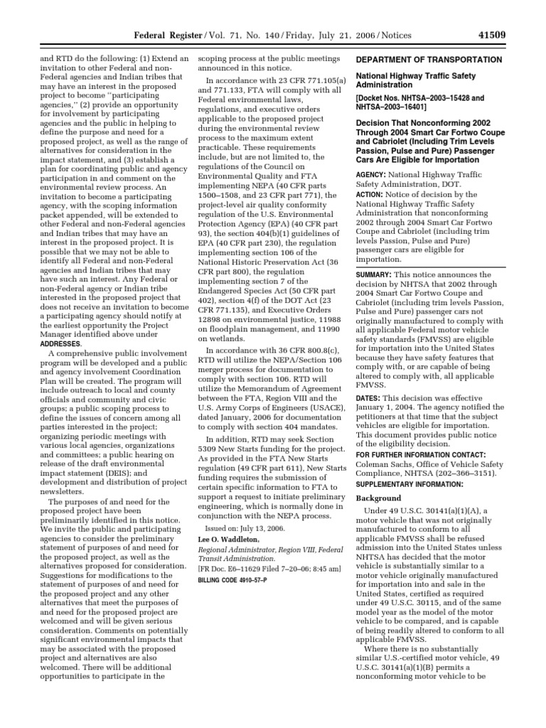 Notice: Motor Vehicle Safety Standards: Nonconforming Vehicles ...