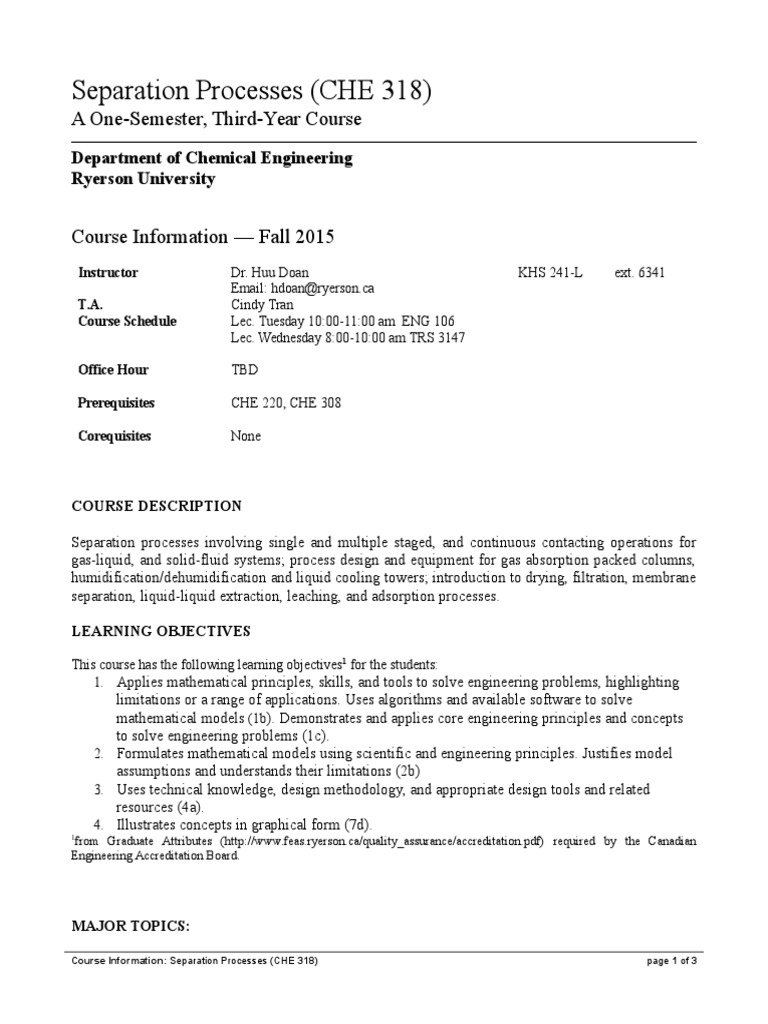CHE 318-Ccourse Outline-2015 | PDF | Adsorption | Mass Transfer