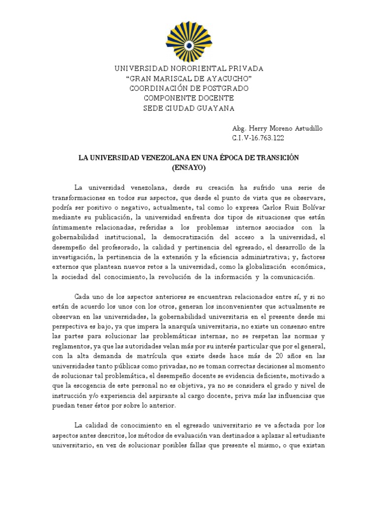 Ensayo La Universidad Venezolana en Una Epoca de Transicion | PDF ...