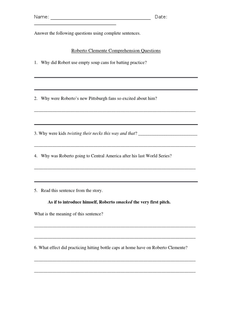 Robert Clemente Comprehension HW | PDF | Sports & Recreation