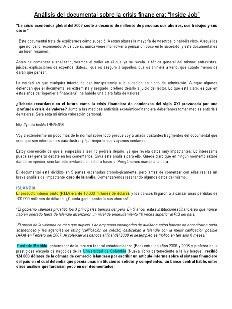 Análisis Del Documental Sobre La Crisis Financiera - Inside Job | PDF ...
