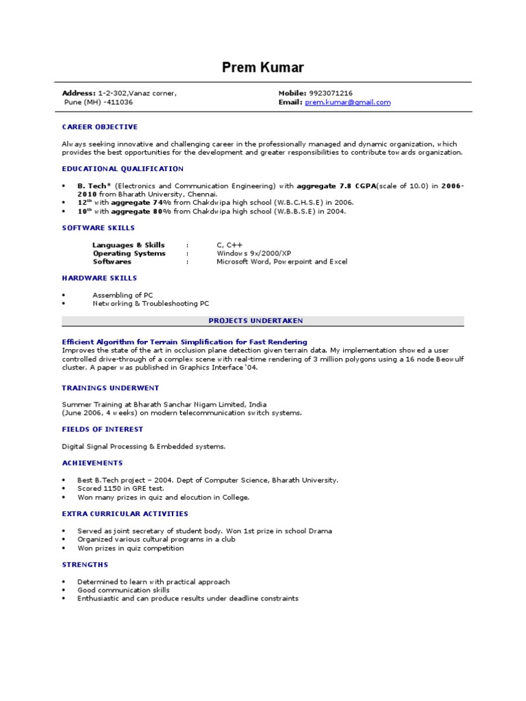 Fresher Resume Sample | PDF | Microsoft Windows | Computer Science