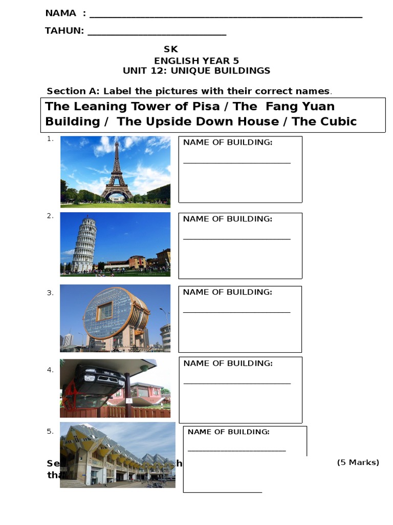 Year 5: Unique Buildings Worksheet | PDF