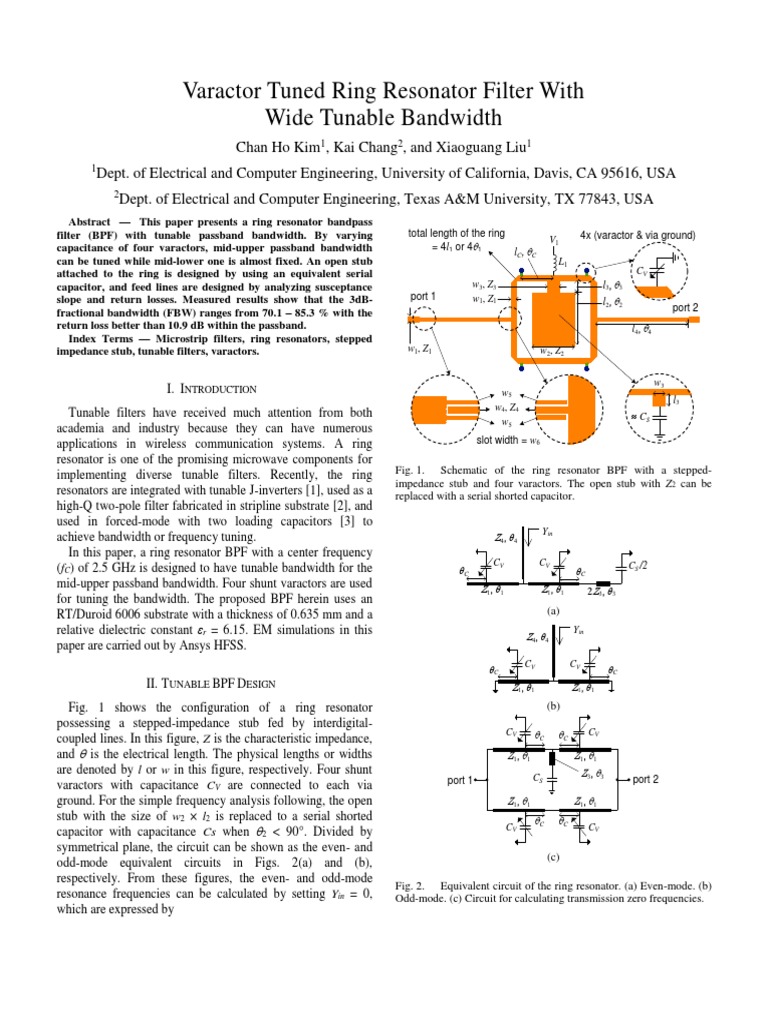 Varactor Tuned Ring Resonator Filter With Wide Tunable Bandwidth | PDF ...