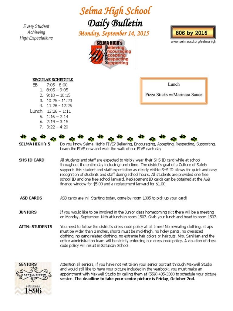 SHS Daily Bulletin 9-14-15 | PDF | Armed Conflict