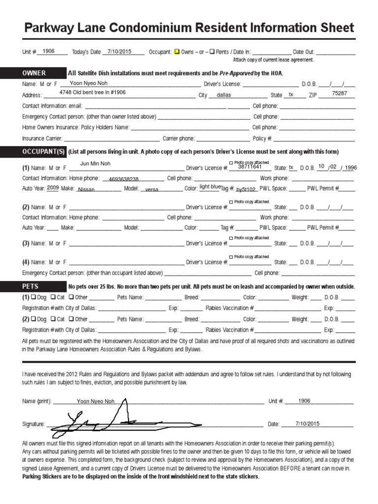 Parkway Lane Condo Resident Info Sheet | PDF | Pet | Lease