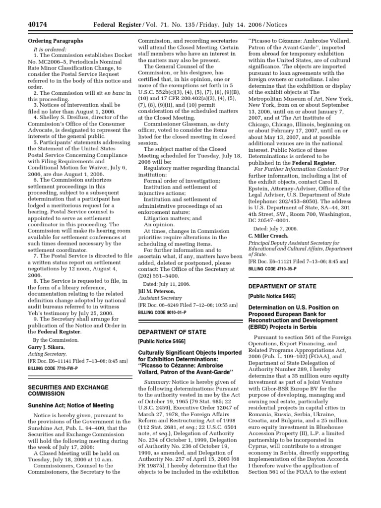 Notice: Culturally Significant Objects Imported For Exhibition: Picasso ...