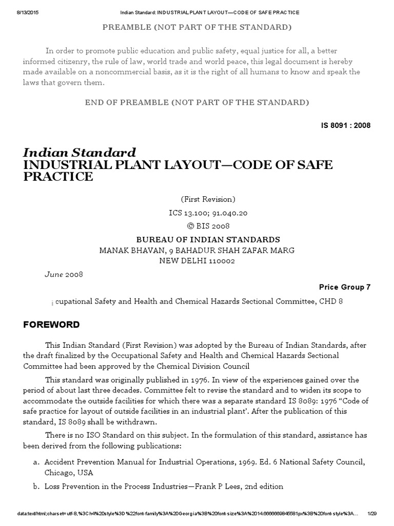 Indian Standard - Industrial Plant Layout-Code of Safe Practice | PDF ...