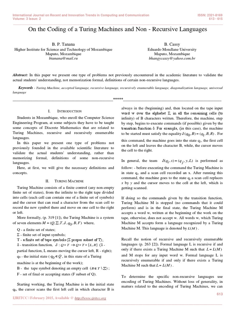 On The Coding of A Turing Machines and Non - Recursive Languages | PDF | Function (Mathematics ...