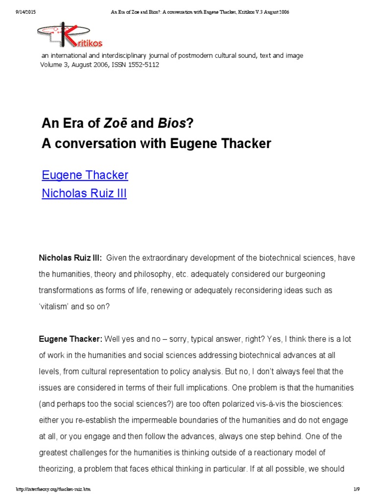 An Era of Zoe and Bios - A Conversation With Eugene Thacker, Kritikos V PDF | PDF ...