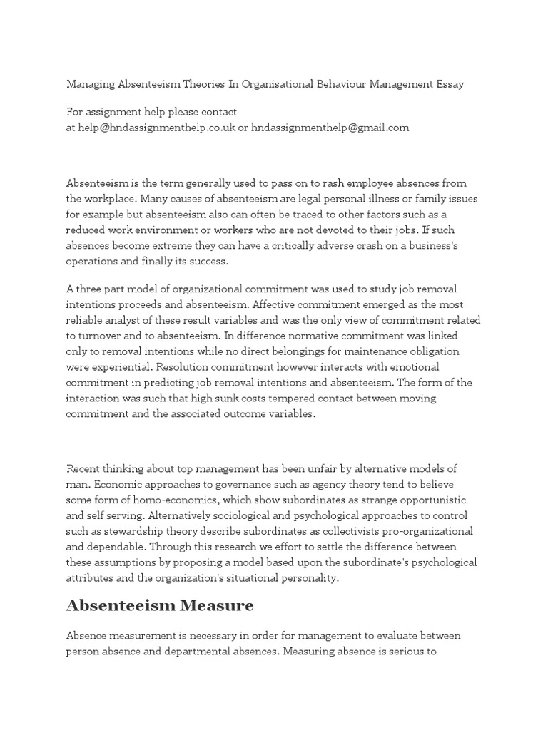 Managing Absenteeism Theories in Organisational Behaviour Management ... Managing Absenteeism Theories in Organisational Behaviour Management ...
