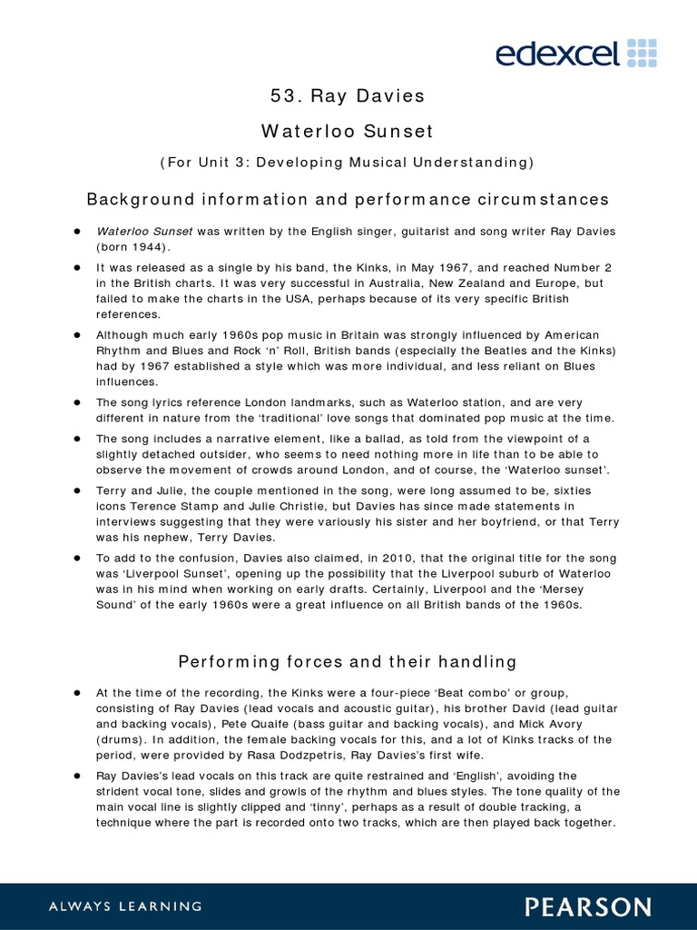 Waterloo Sunset - Edexcel Notes | PDF | Song Structure | Chord (Music)