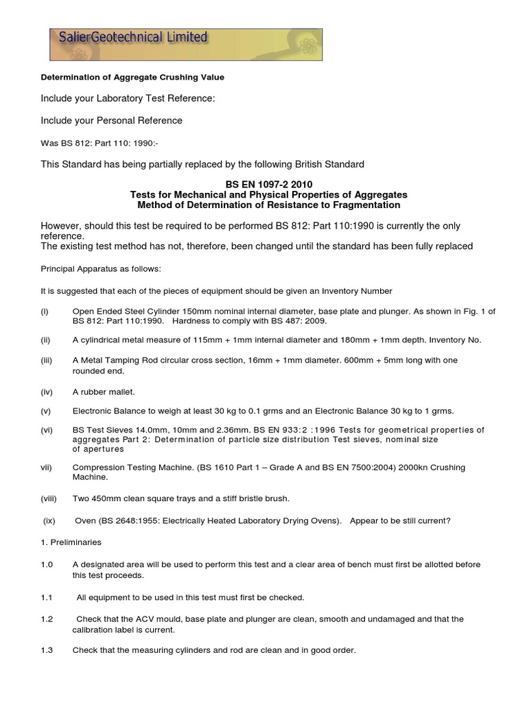 Aggregate Crushing Value BS 812-110 and BS en 1097-2 | PDF | Mass | Mean