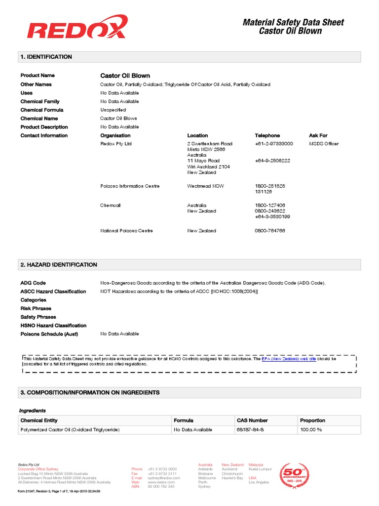 Material Safety Data Sheet Castor Oil Blown | Dangerous Goods ...