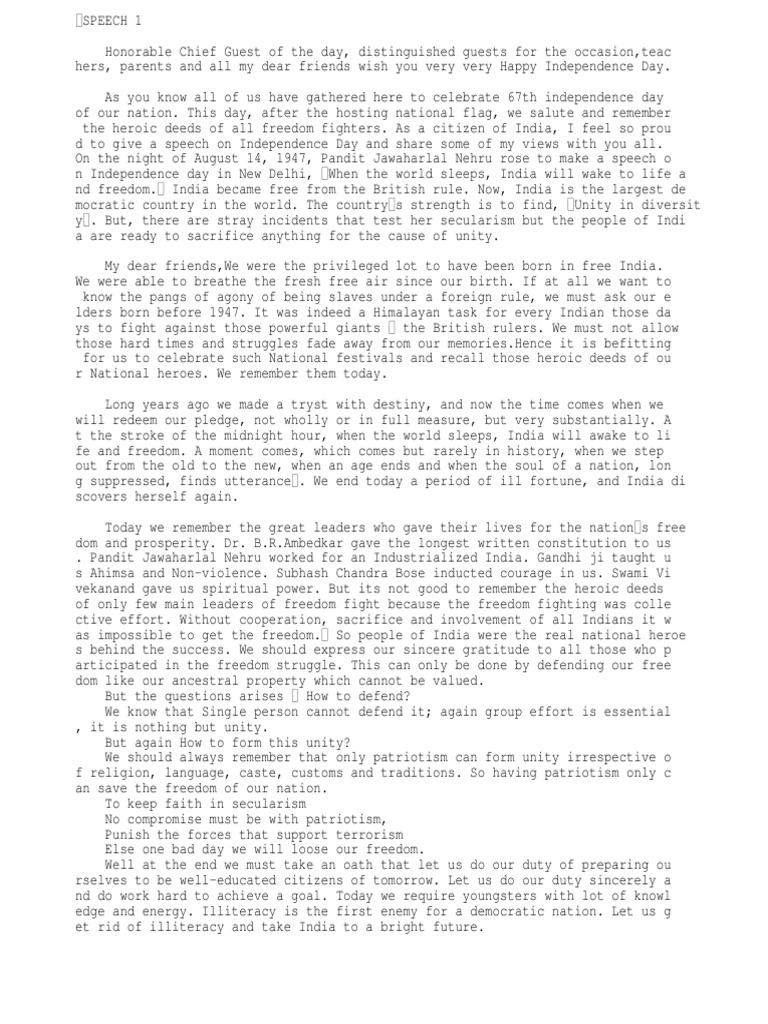 Independance Day Speech | PDF | Indian Independence Movement | Indian ...