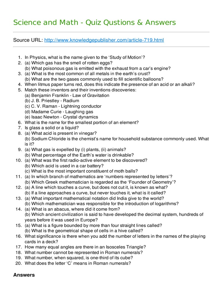 Science and Math - Quiz Qustions & Answers: Source URL | PDF | Carbon ...