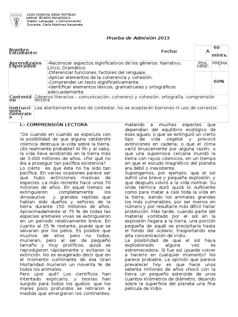 Prueba de Admisión 2013.doc Fila A | PDF | Extinción | Tierra