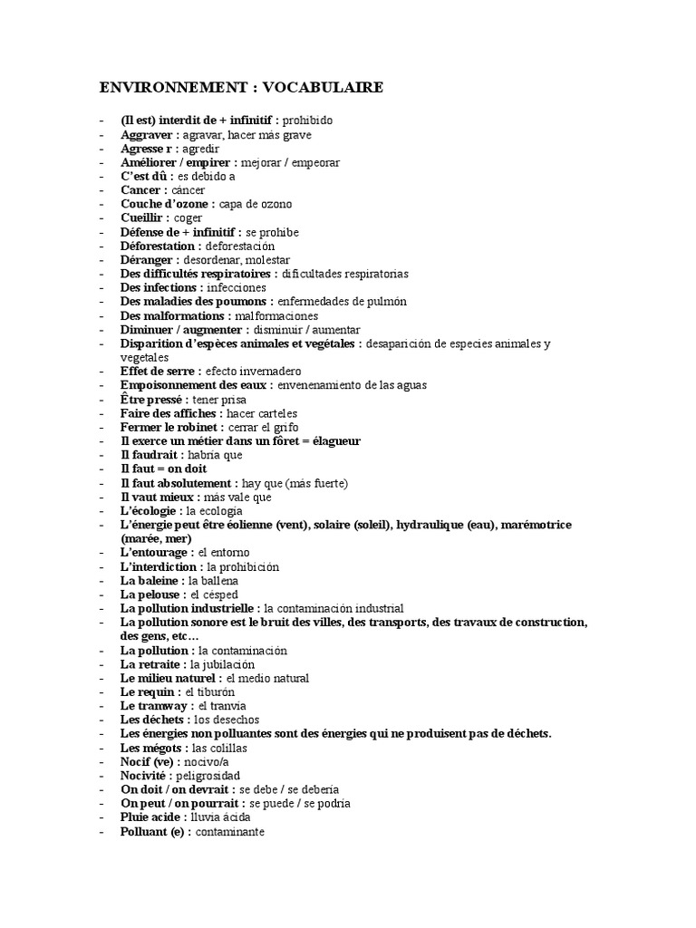 Vocabulaire Environnement | PDF | Environnement naturel | la pollution