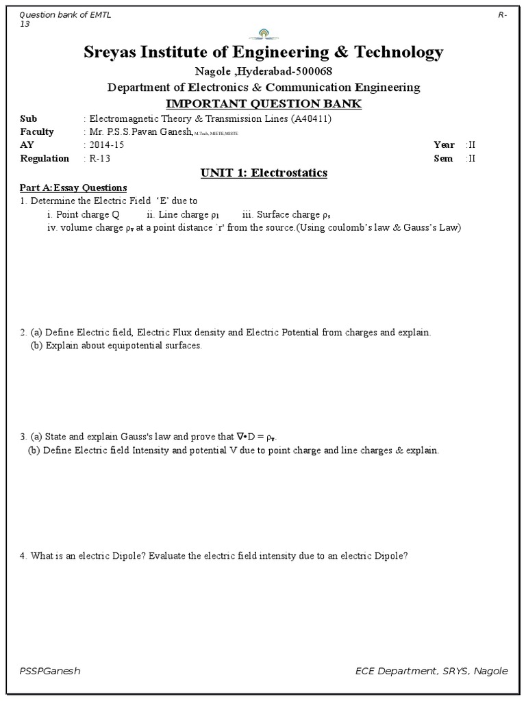 EMTL Important Question Bank | PDF | Transmission Line | Electric Field