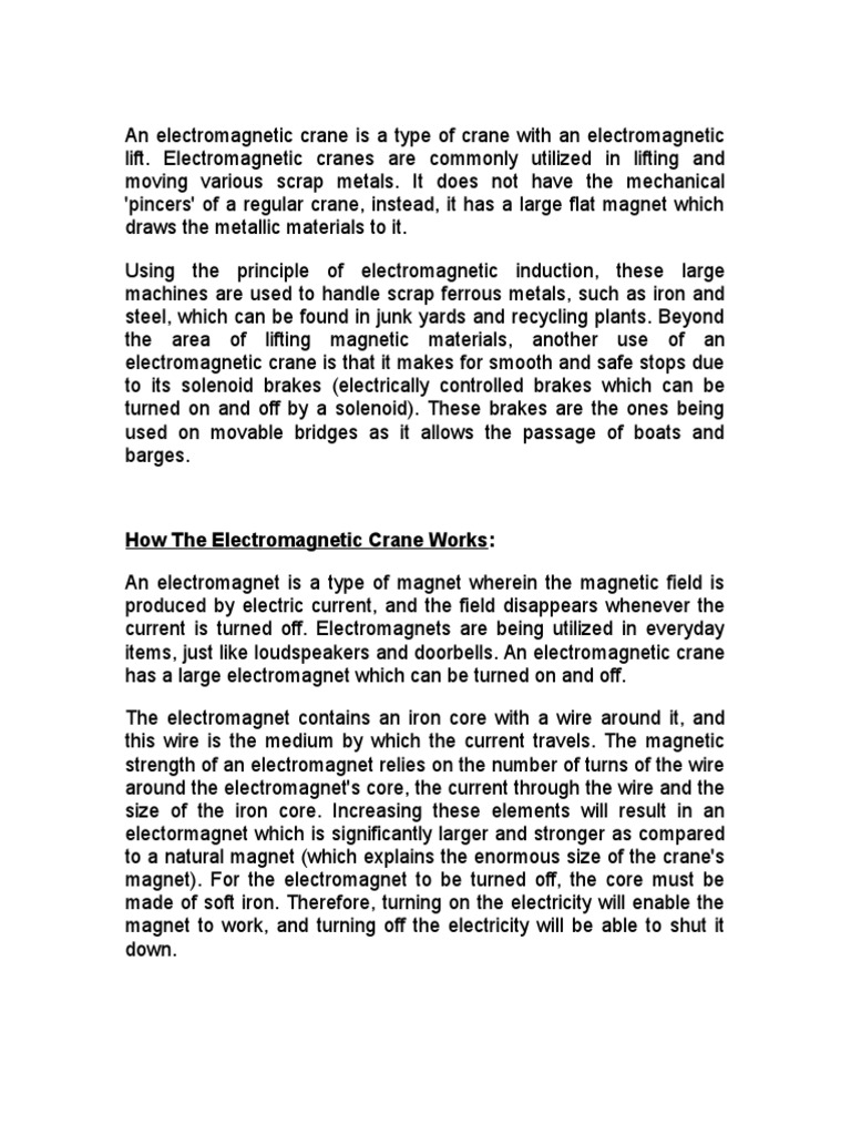 Electromagnetic Crane Overview and Uses | PDF | Crane (Machine) | Magnet