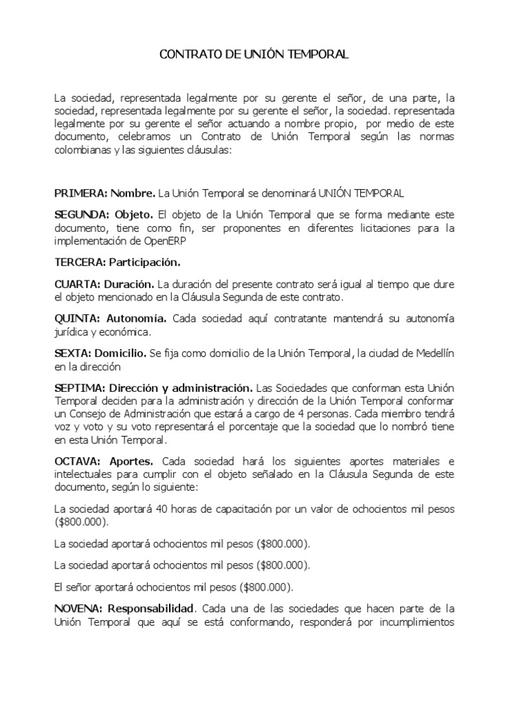 Contrato de Union Temporal Generico | PDF | Liquidación | Información ...