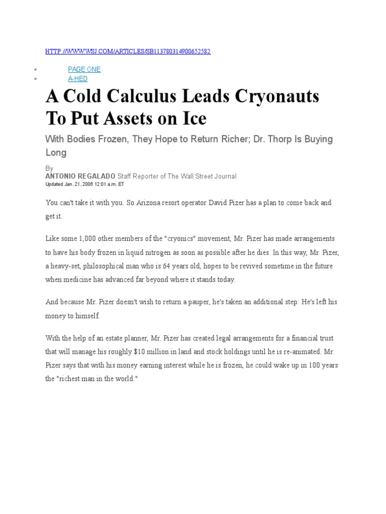 A Cold Calculus Leads Cryonauts To Put Assets On Ice | PDF | Trust Law ...