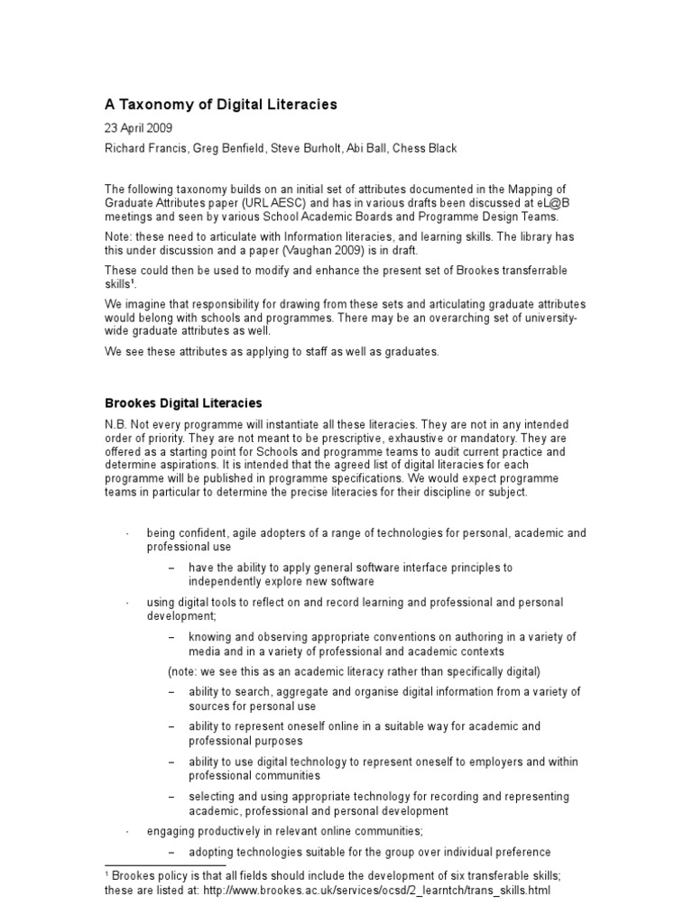 A Taxonomy of Digital Literacies 23-04-09 | PDF | Literacy | Privacy