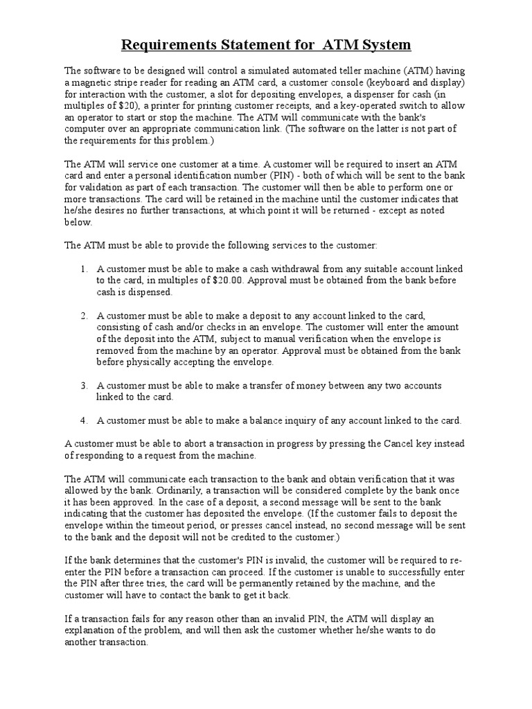 Requirements Statement For ATM System | PDF | Automated Teller Machine | Personal Identification ...