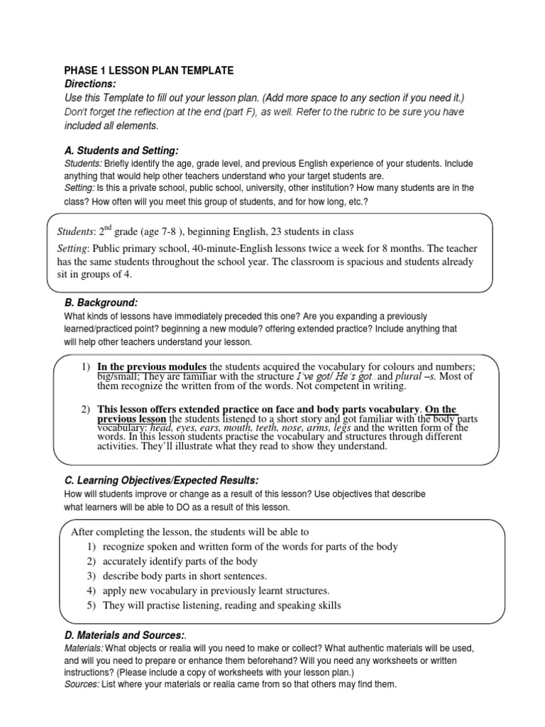 Lesson Plan Body Parts - PDF Template | PDF