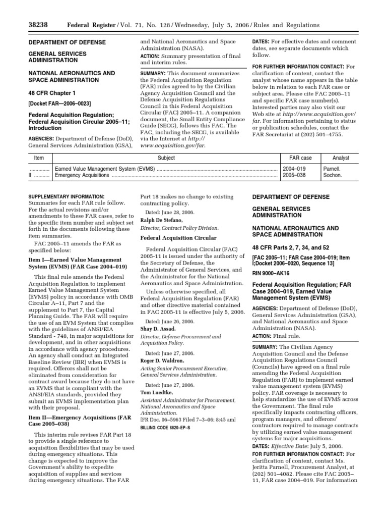 Rule: Federal Acquisition Regulation (FAR) : Earned Value Management ...