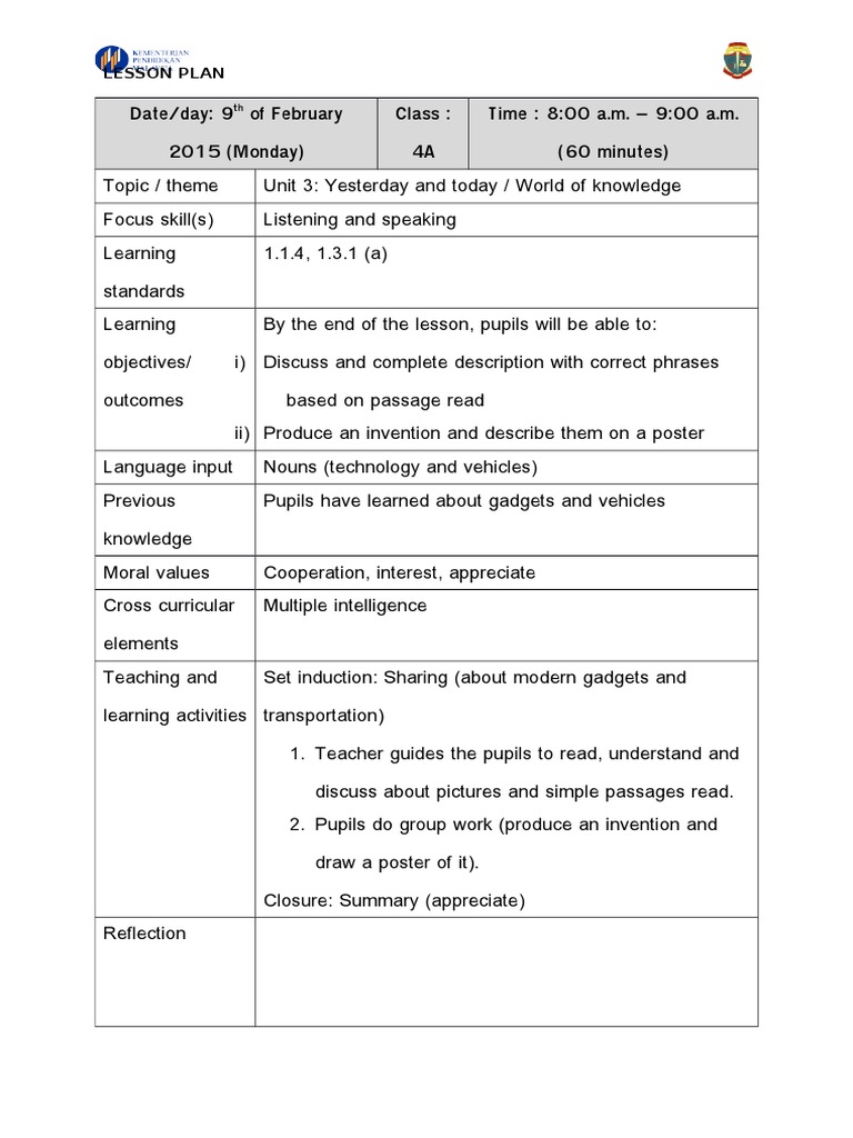 Date/day: 9 of February 2015 (Monday) Class: 4A Time: 8:00 A.M. - 9:00 ...